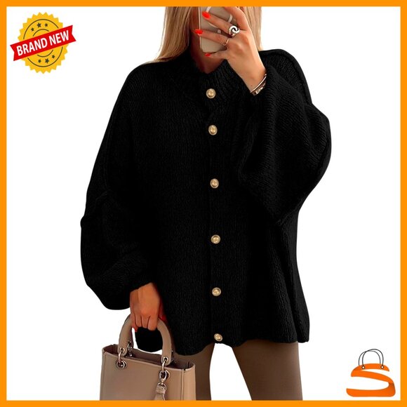 Sweaters | Chunky Knit Button Cardigan Oversized Lantern Sleeve Mock ...